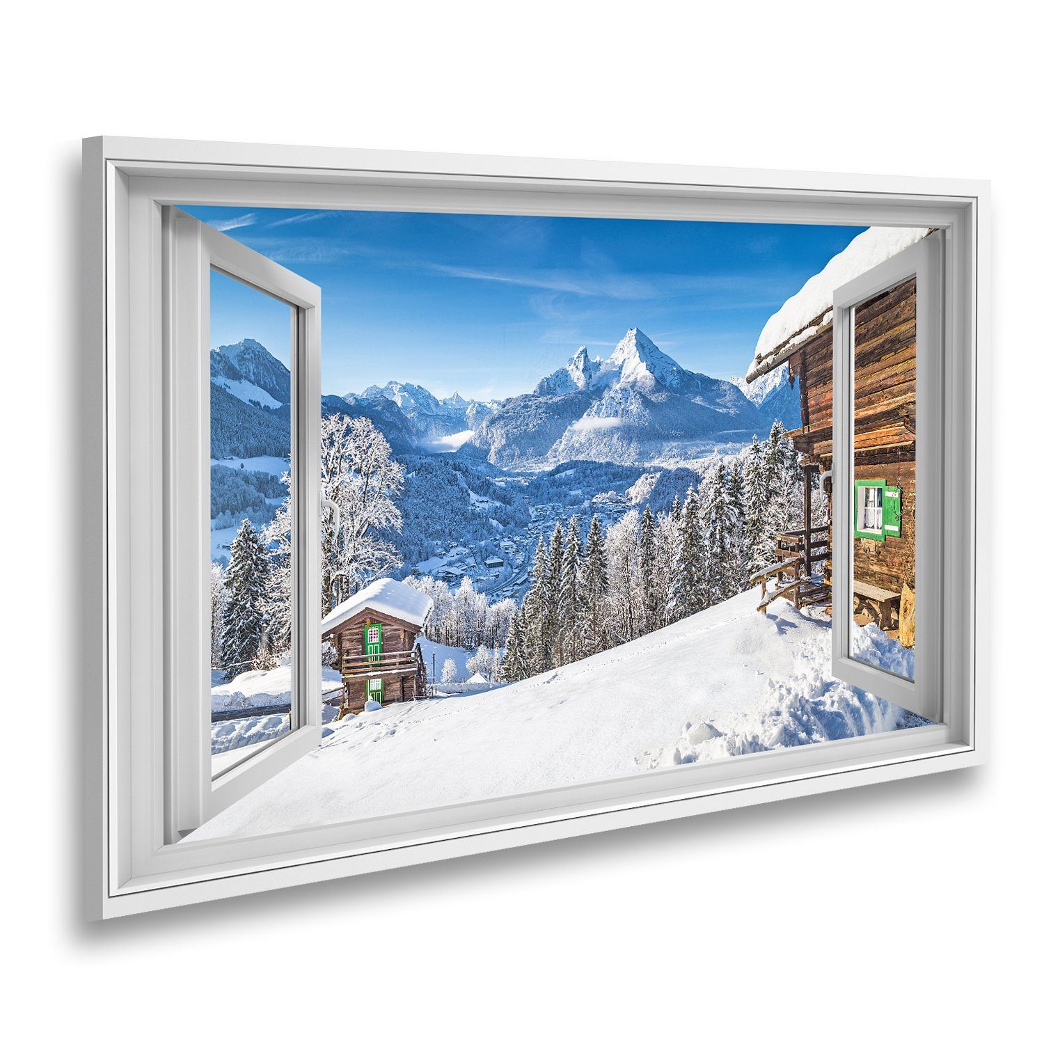 islandburner Leinwandbild »Fensterblick Winterwunderland Berglandschaft in den Alpen mit traditio«