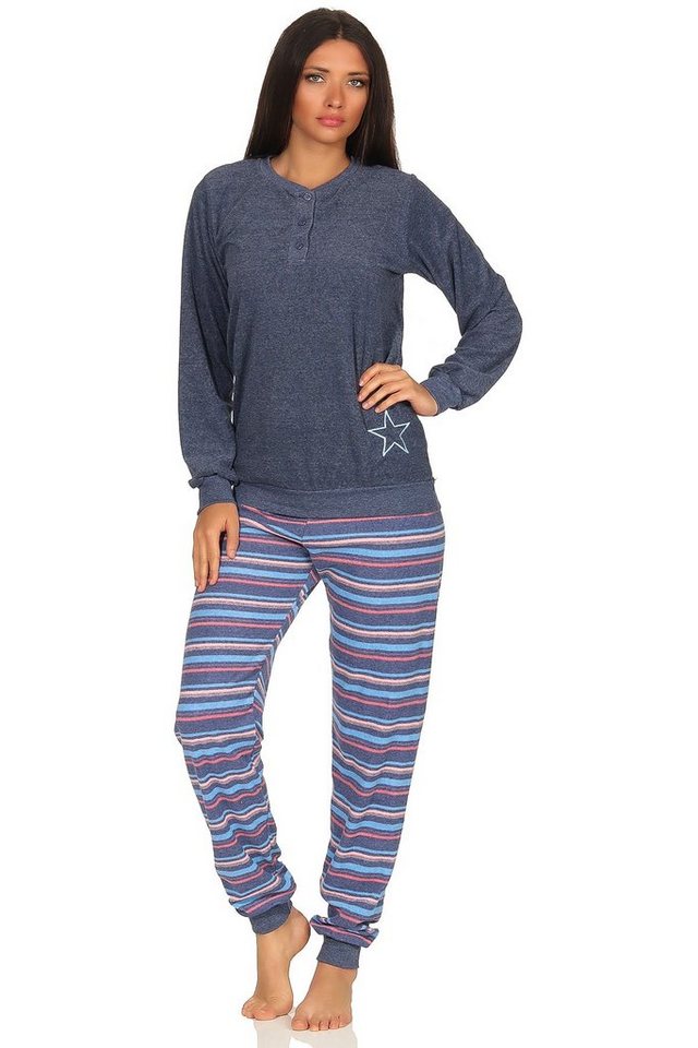 Normann Pyjama Damen Frottee Pyjama Lang Mit Bündchen Hose Gestreift