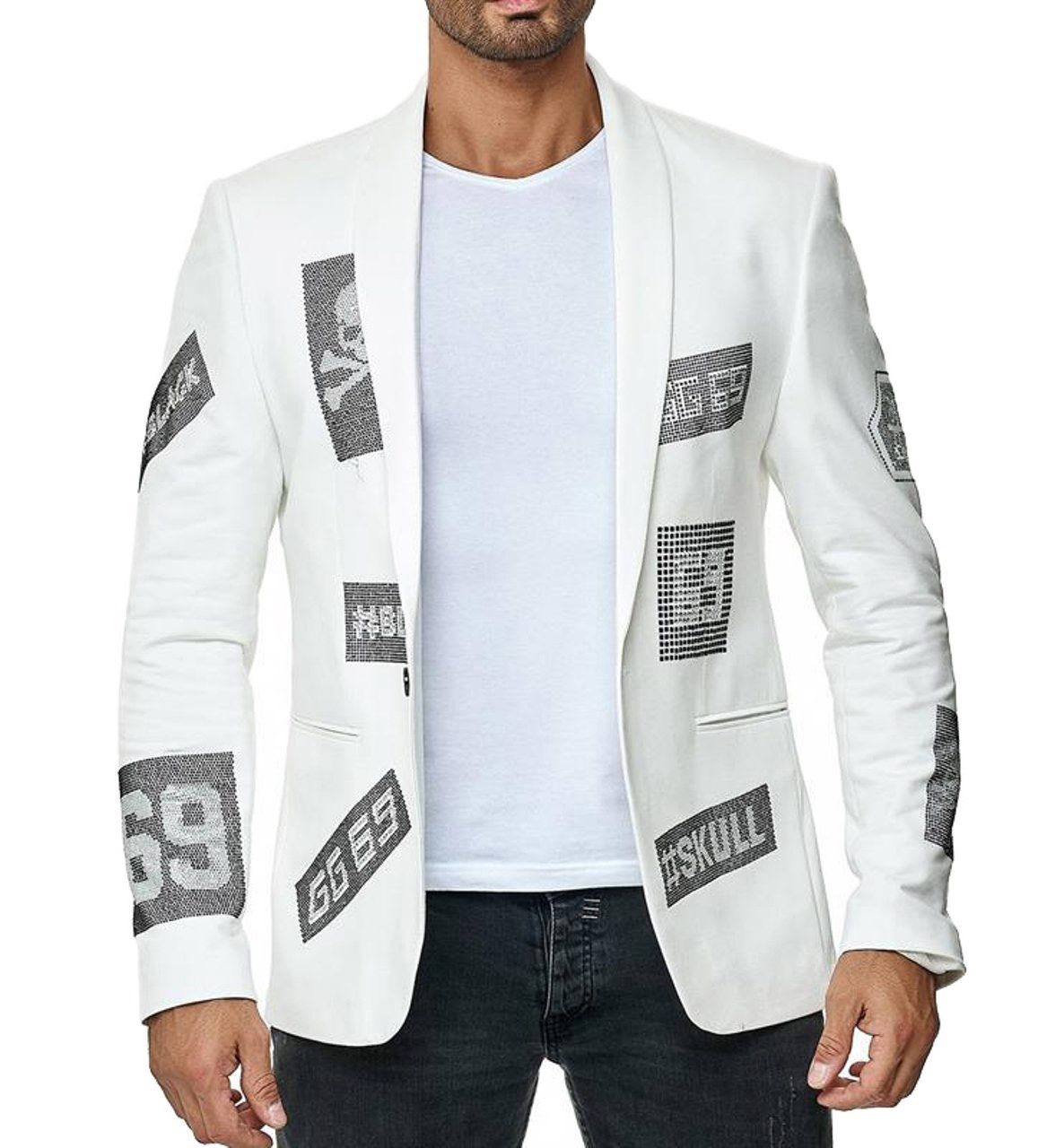 ᐅ Denim Distriqt Jerseysakko Herren Sakko mit Strass veredelt Totenkopf ...