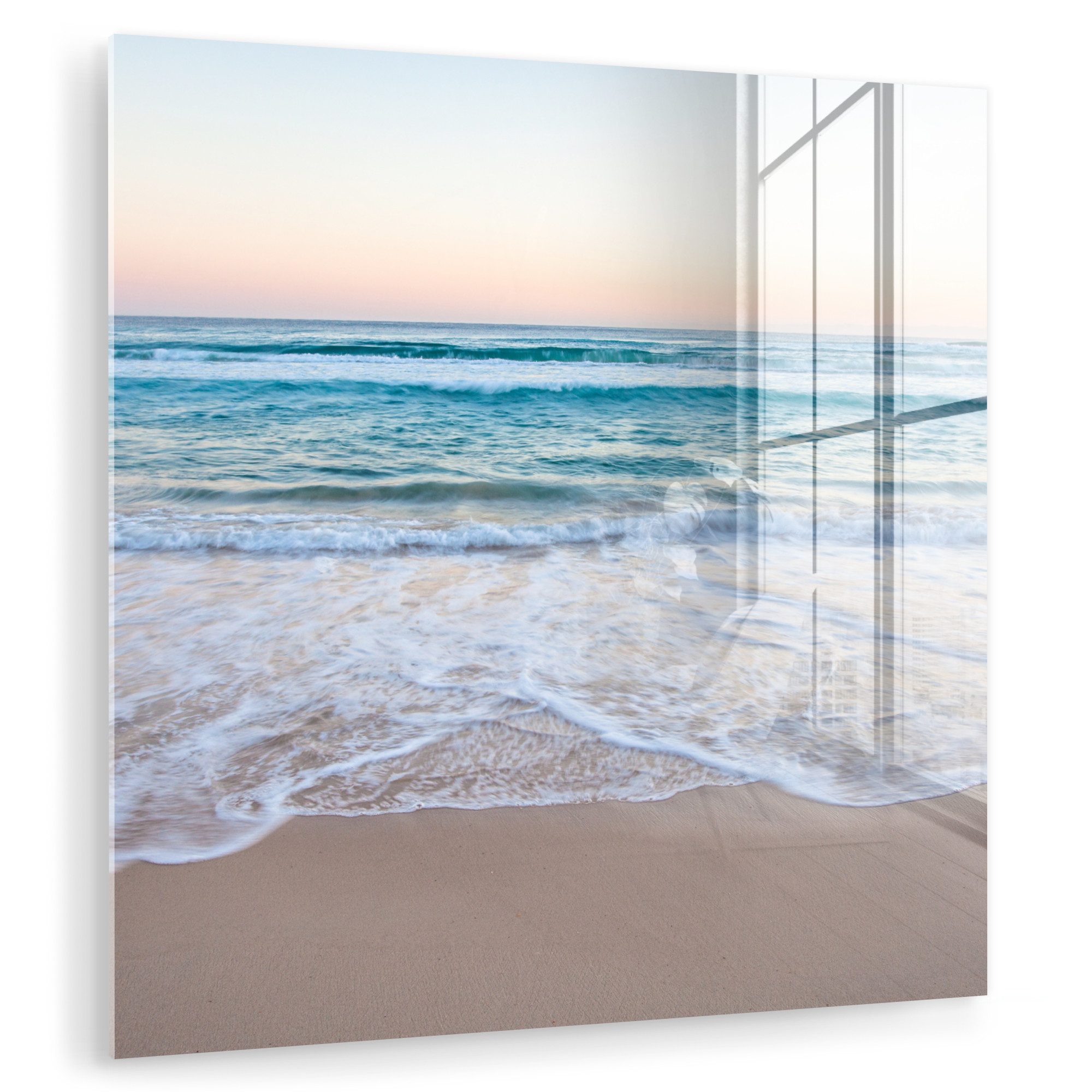 MuchoWow Acrylglasbild Strand - Meer - Pastell, Inkl. Aufhängung, Bilder auf Glas Wandbild ...