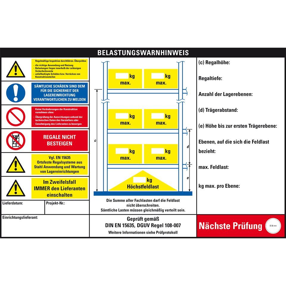 König Werbeanlagen Hinweisschild Belastungswarnhinweis Palettenregale,2 Einh.,DGUV 108-007,PVC ...