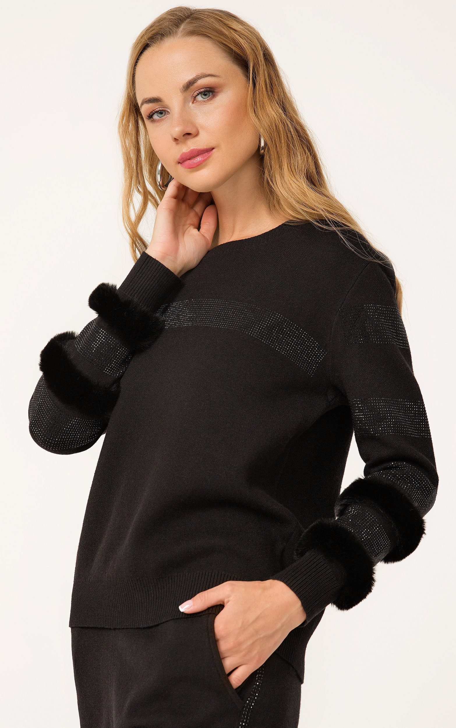Passioni Strickpullover Modischer Schwarzer Pullover Mit Kunst Fell
