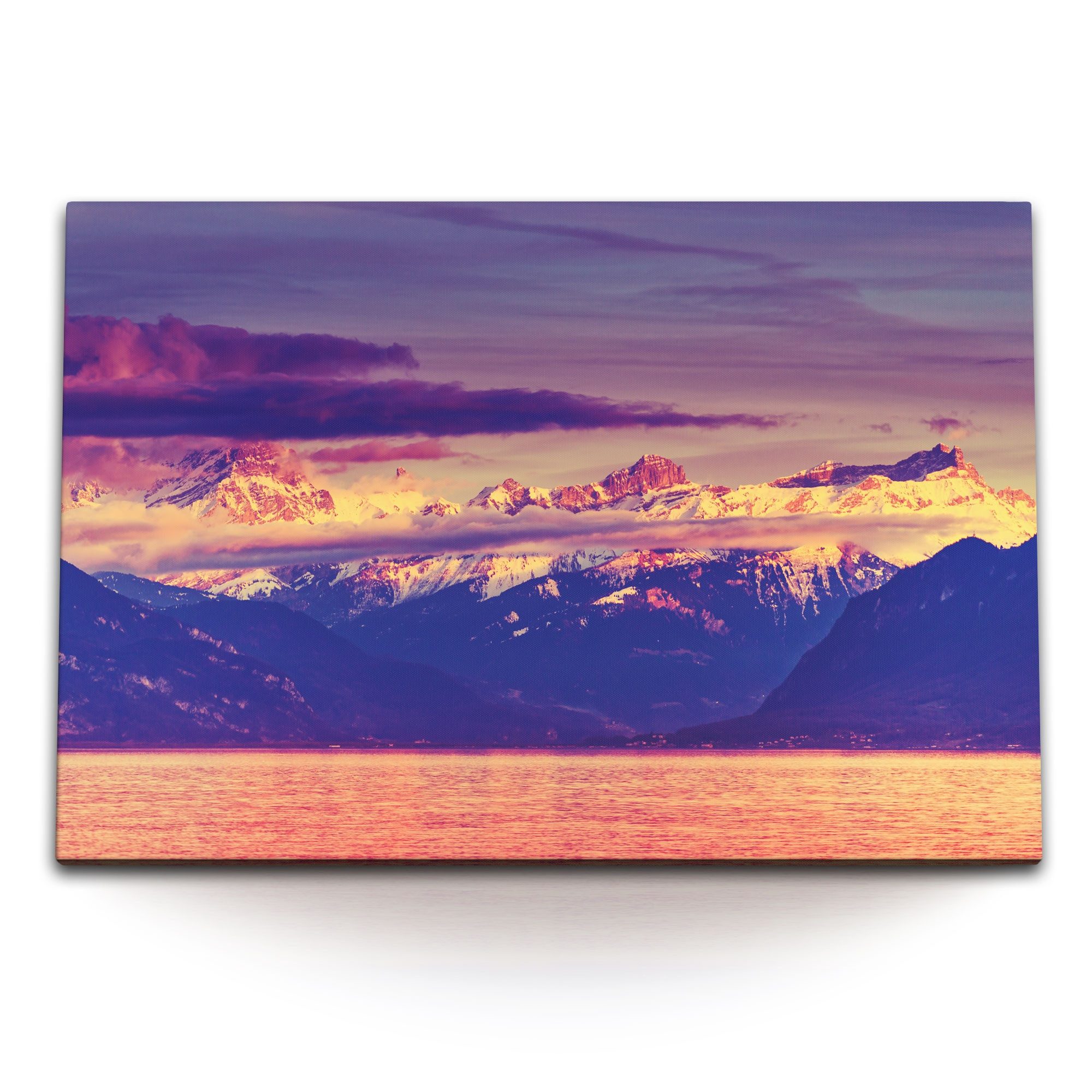 Sinus Art Leinwandbild 120x80cm Wandbild auf Leinwand Berge See Schneegipfel Blau Sonnenunter ...