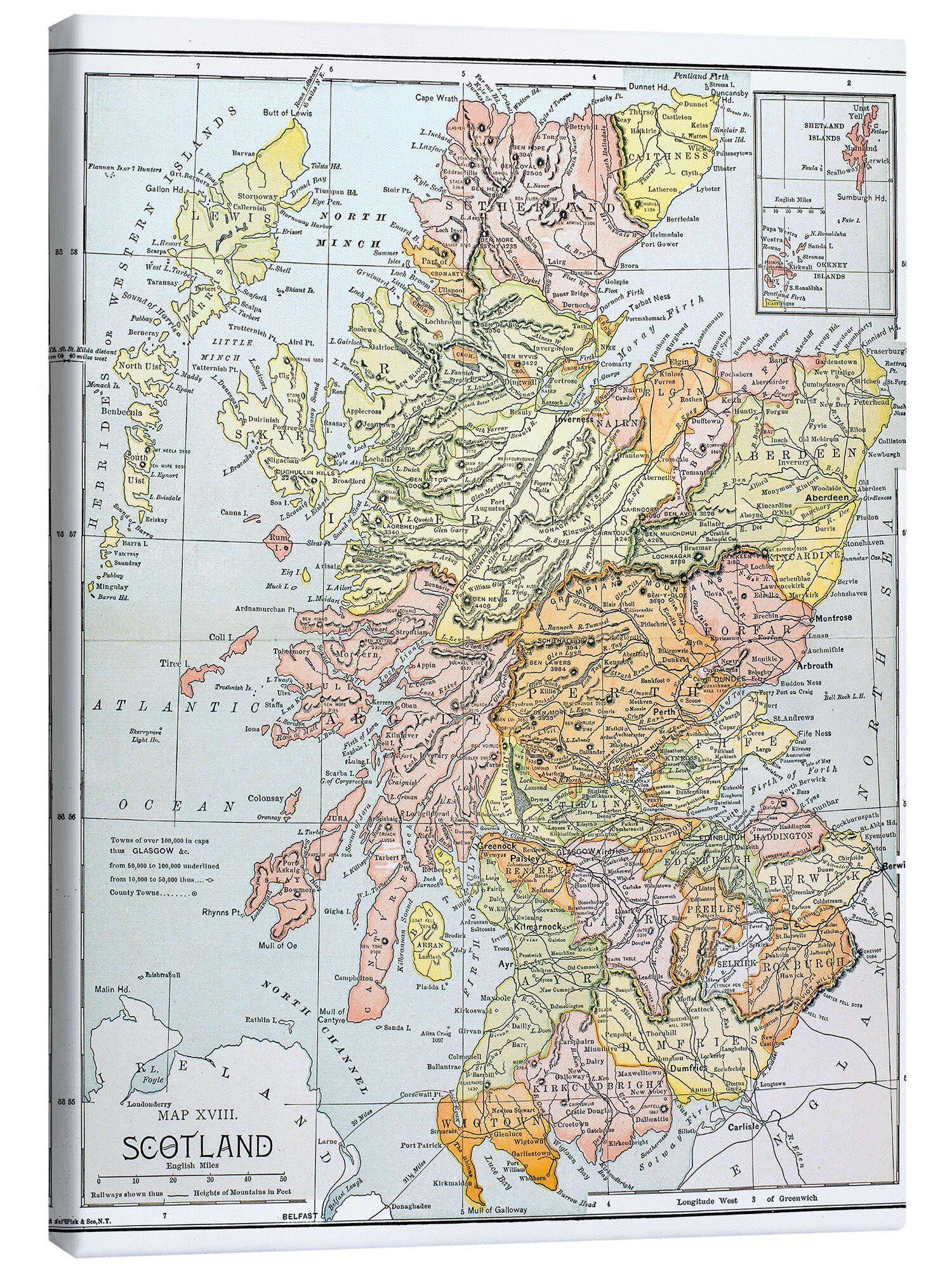 Posterlounge Leinwandbild Granger Collection, Karte: Schottland (Englisch), Wohnzimmer Illustration