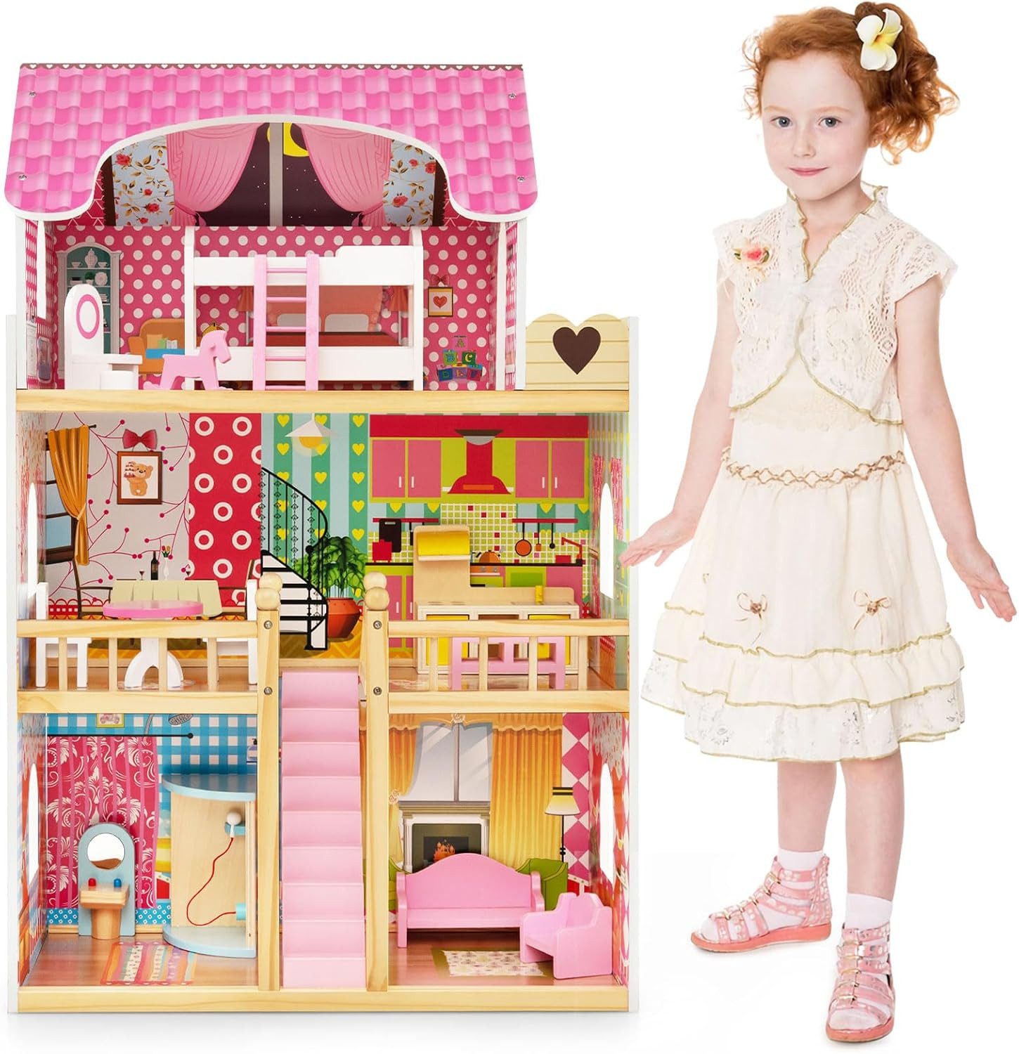 KOMFOTTEU Puppenhaus, multifunktionales Dollhaus mit 6 Zimmer ...