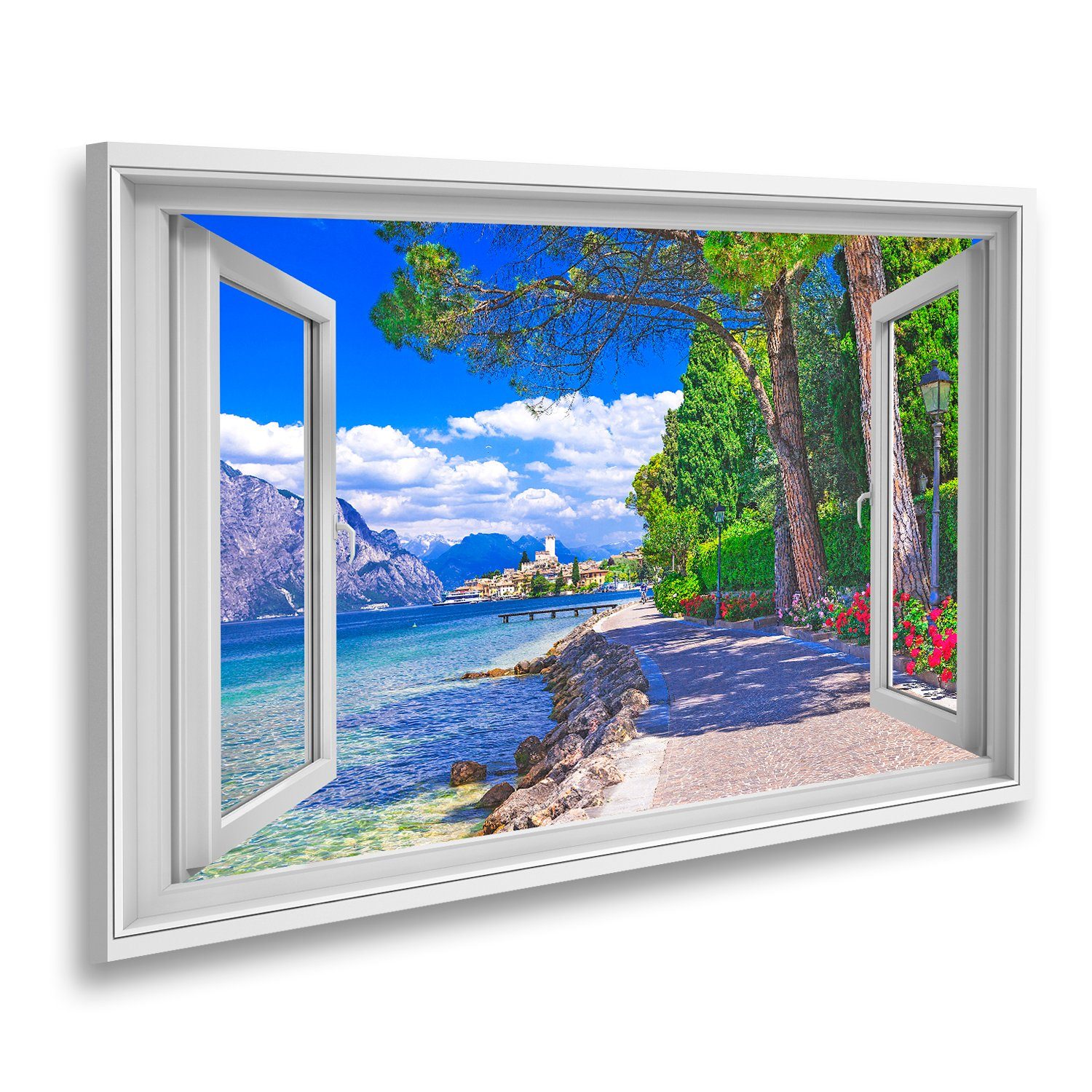 islandburner Leinwandbild Fensterblick Landschaft des Lago di Garda Malcesine Itlay Sagenhafter