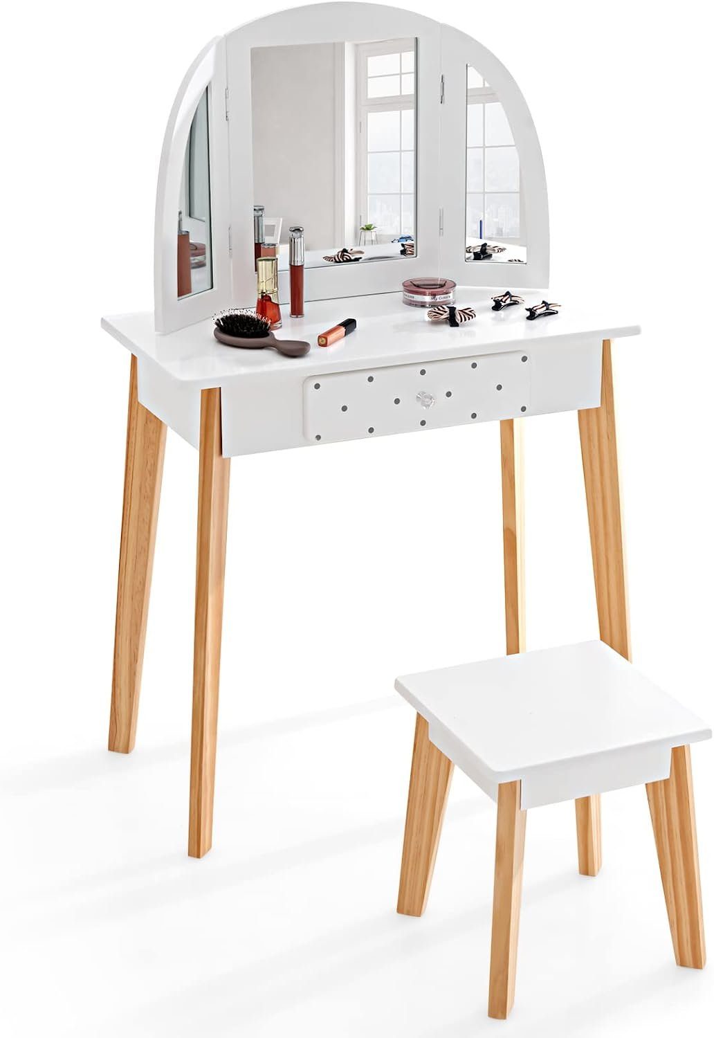Costway Schminktisch 2 In 1 Mit Hocker Aus Holz Mit Spiegel And Schublade