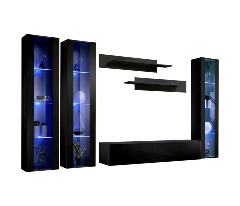 Jvmoebel Wohnzimmer Set Schwarz Wohnwand Hänge Vitrine Set 7 Tlg