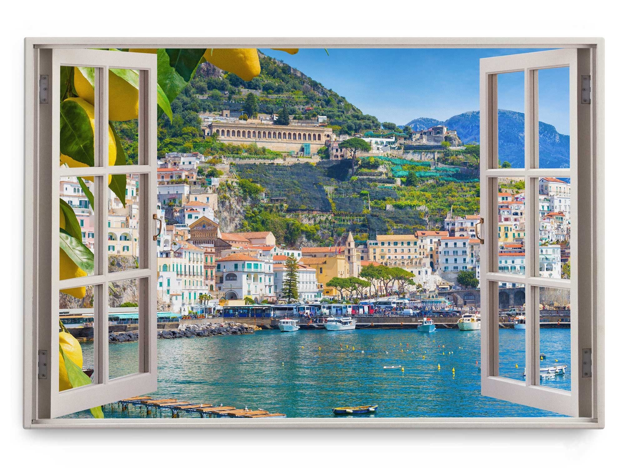Sinus Art Leinwandbild Wandbild 120x80cm Fensterbild Campania Italien Meer Berge Küste Sommer ...