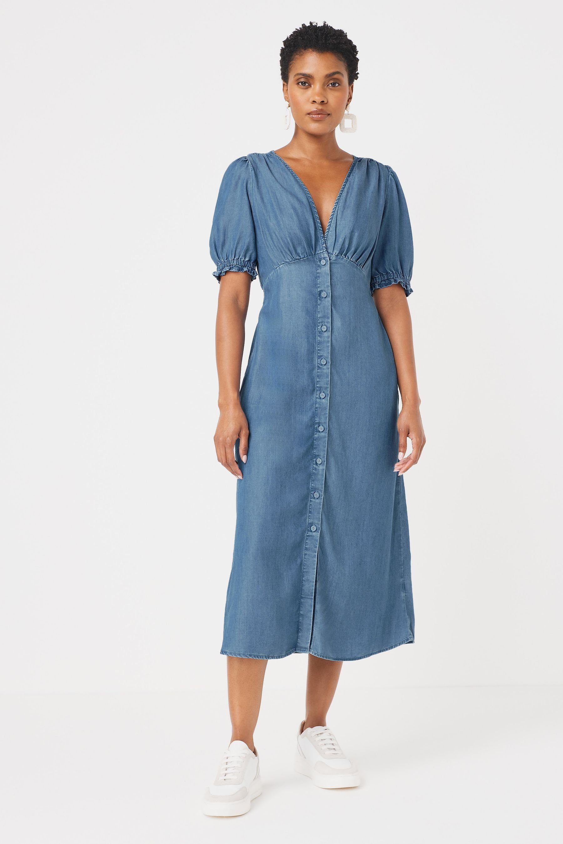 Next Jeanskleid Durchgeknöpftes Lyocell Midikleid Mit Puffärmeln