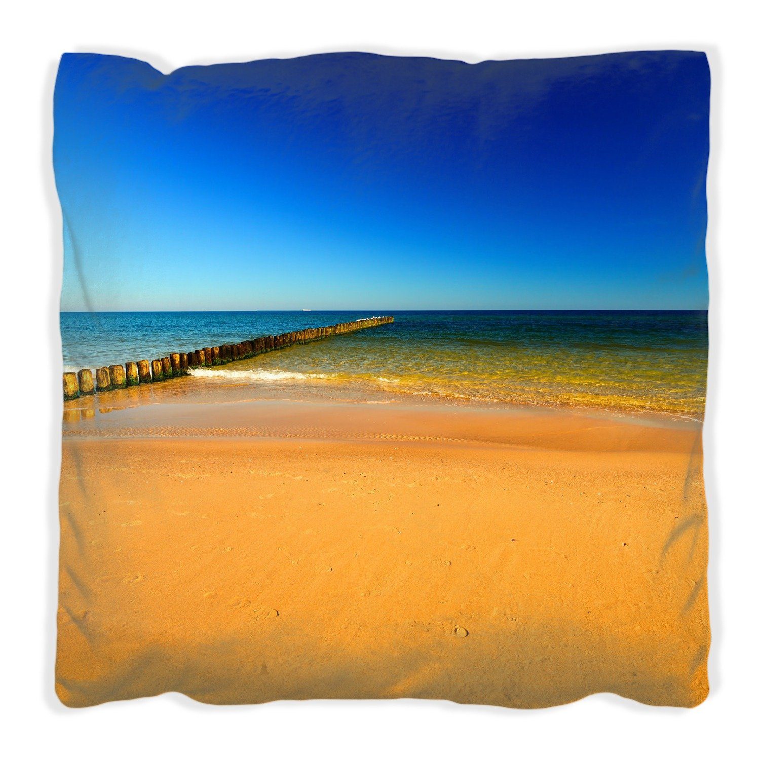 Wallario Dekokissen Sandstrand In Orange Blaues Meer Blauer Himmel