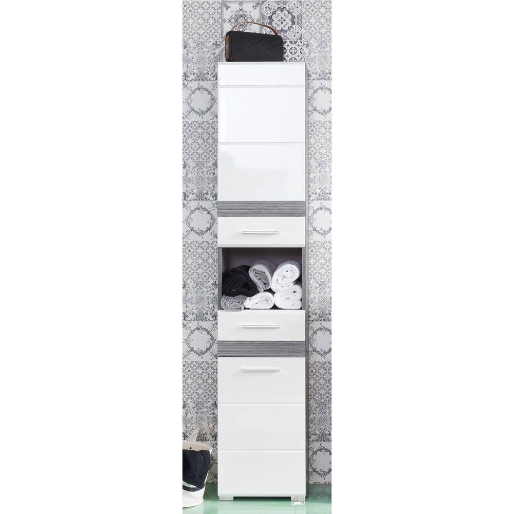 Lomadox Hochschrank Odra 19 In Weiß Hochglanz Mit Sardegna Rauchsilber