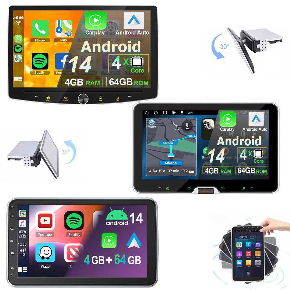 ESSGOO 10.1" Autoradio Android 14 4+64G GPS CarPlay 360° Drehbar Bildschirm Autoradio (FM, AM ...