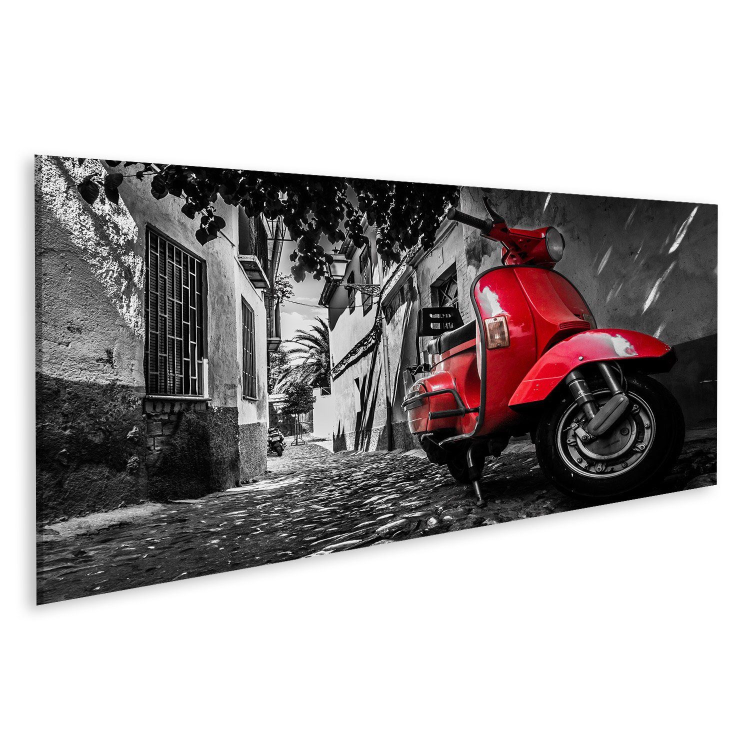 islandburner Leinwandbild »Bild auf Leinwand Ein Roter Vesparoller Auf Einer Gepflasterten ...