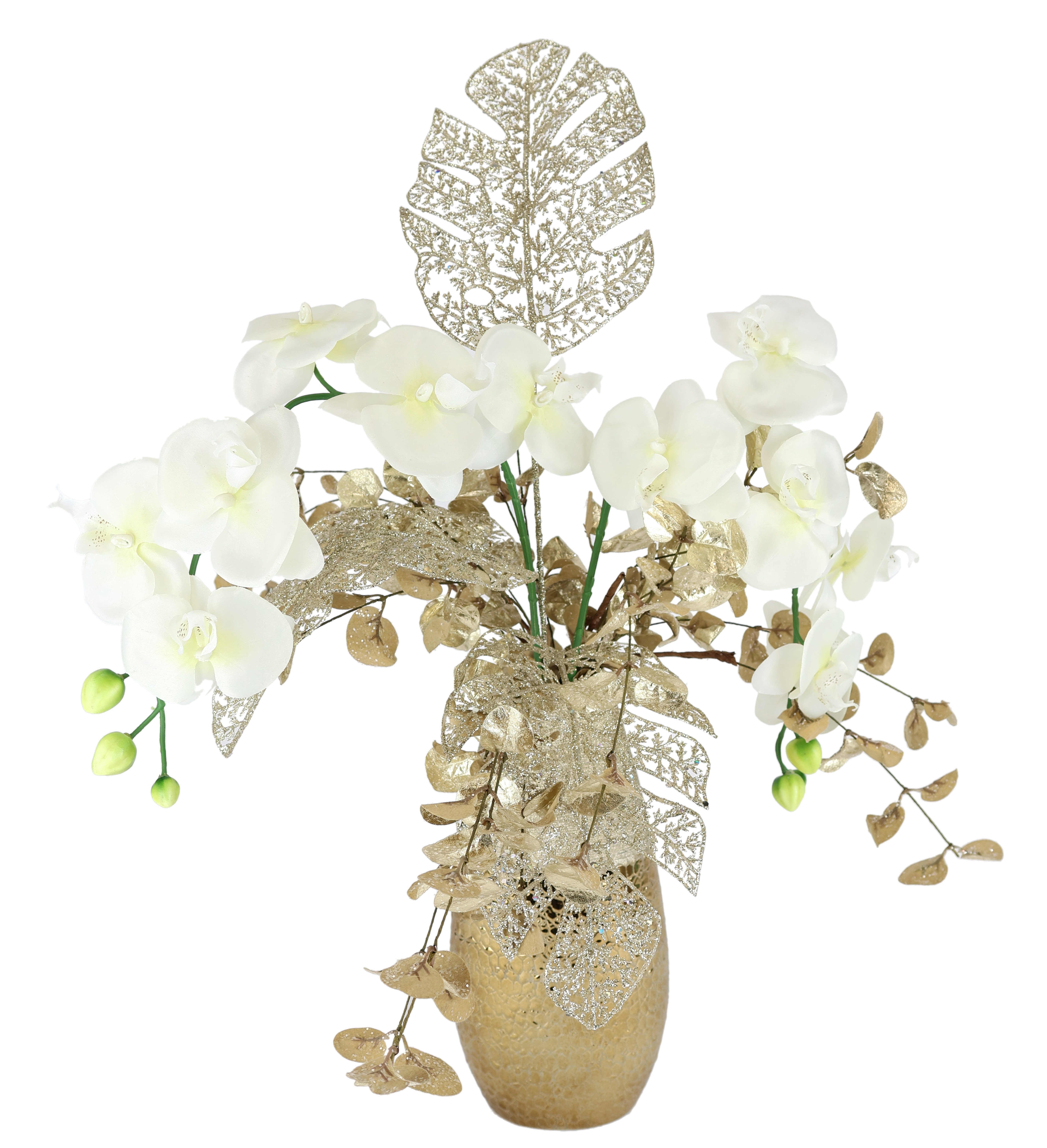 Winterliche Kunstpflanze Gesteck Mit Orchidee In Keramikvase Festliche