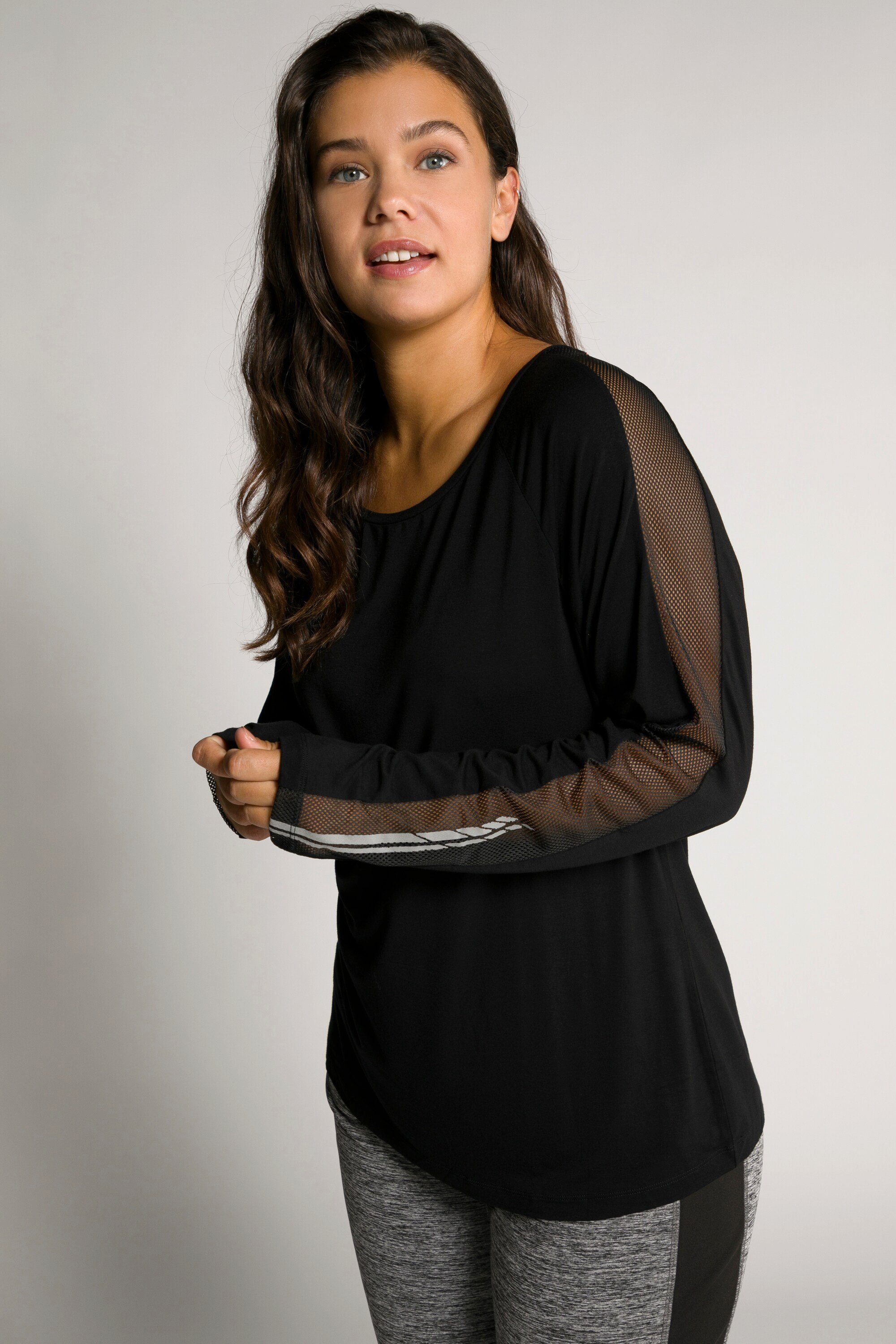 Ulla Popken Rundhalsshirt Shirt Mesheinsatz Reflektordruck Rundhals Langarm