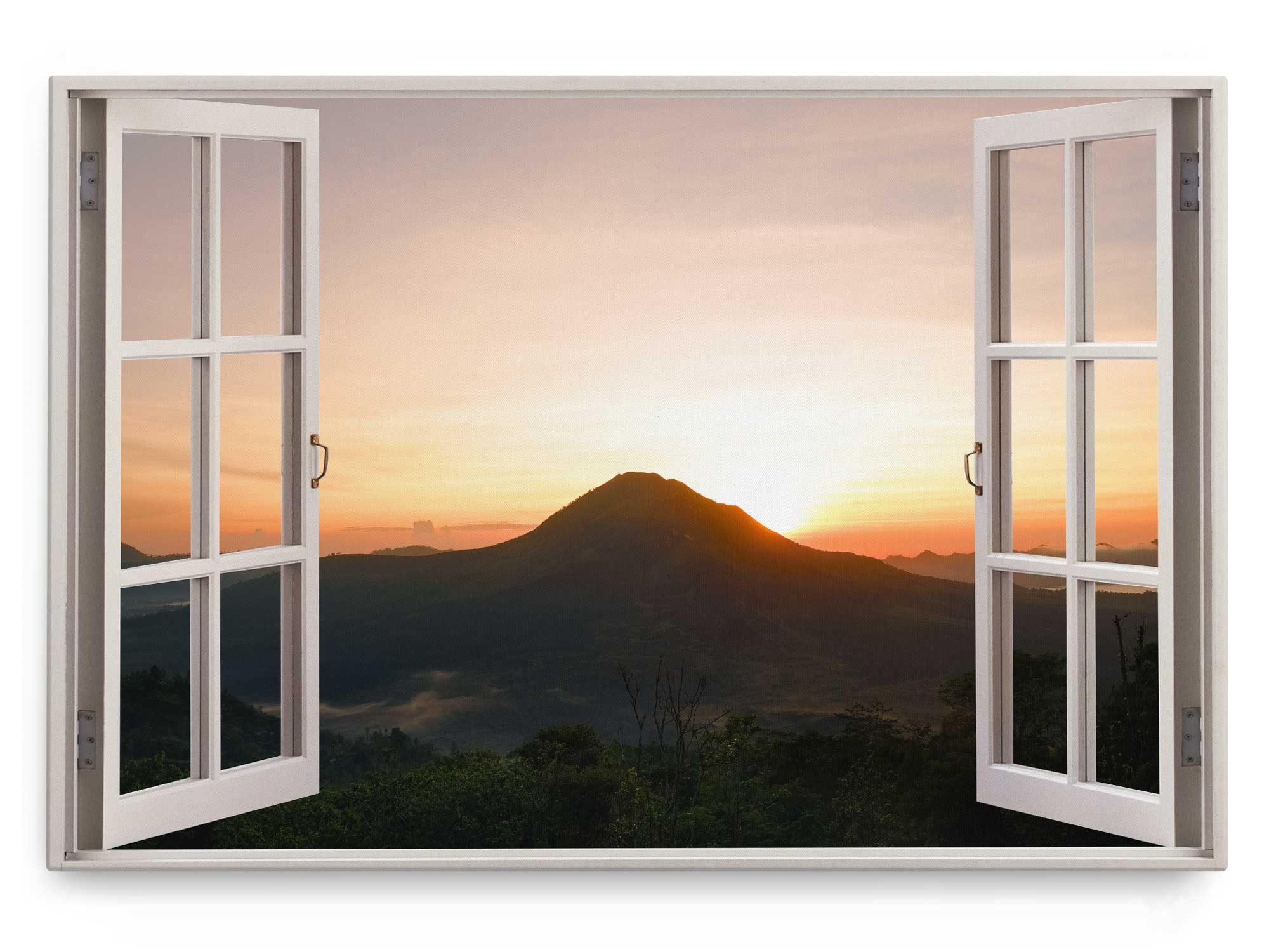 Sinus Art Leinwandbild Wandbild 120x80cm Fensterbild Sonnenuntergang Berg Natur Abendrot Hori ...