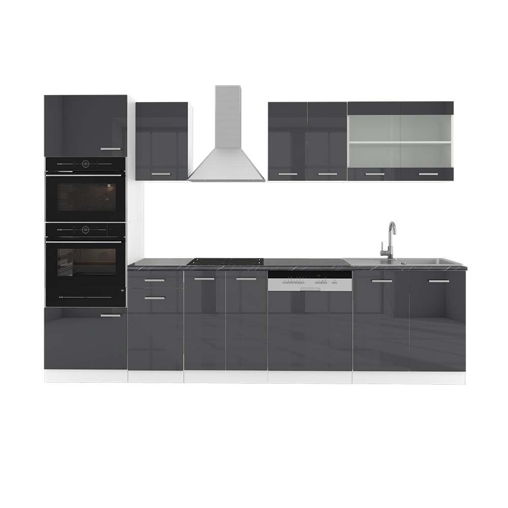 Vicco Küchenzeile R-Line, Sonoma/Weiß, 300 cm mit Hochschrank, AP Anthrazit