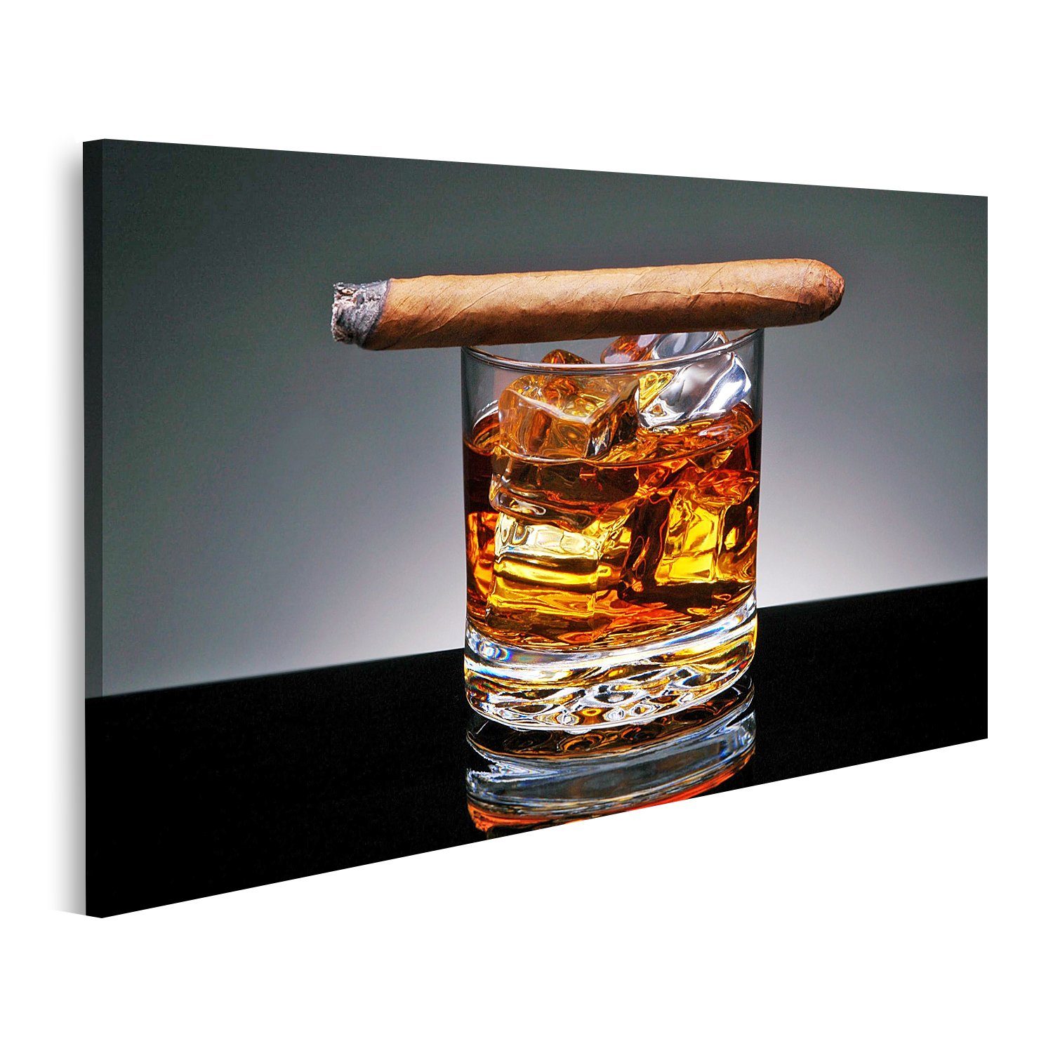 islandburner Leinwandbild Bild auf Leinwand Eine brennende Zigarre auf einem Glas Whiskey und Ei