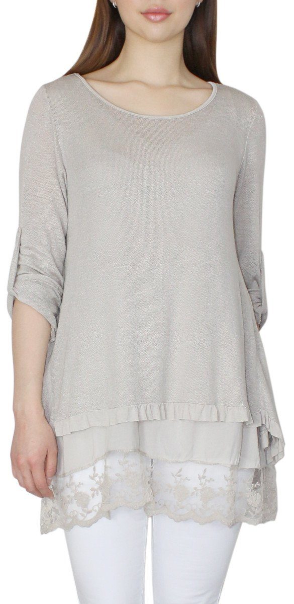 dy_mode Stricktunika Damen Tunika 2-tlg. mit Spitzen Saum und Rundhals ...