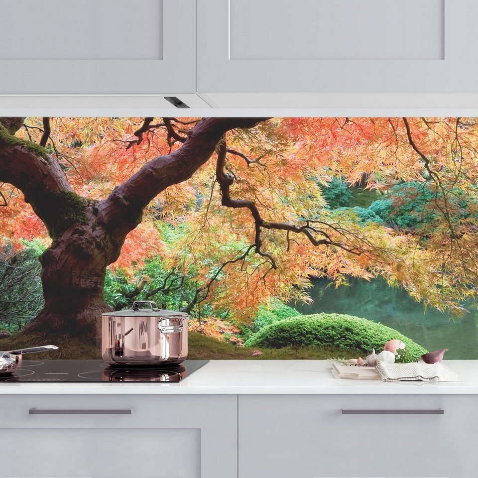 Bilderdepot24 Küchenrückwand Rot Dekor Bäume Wald Natur Japanischer