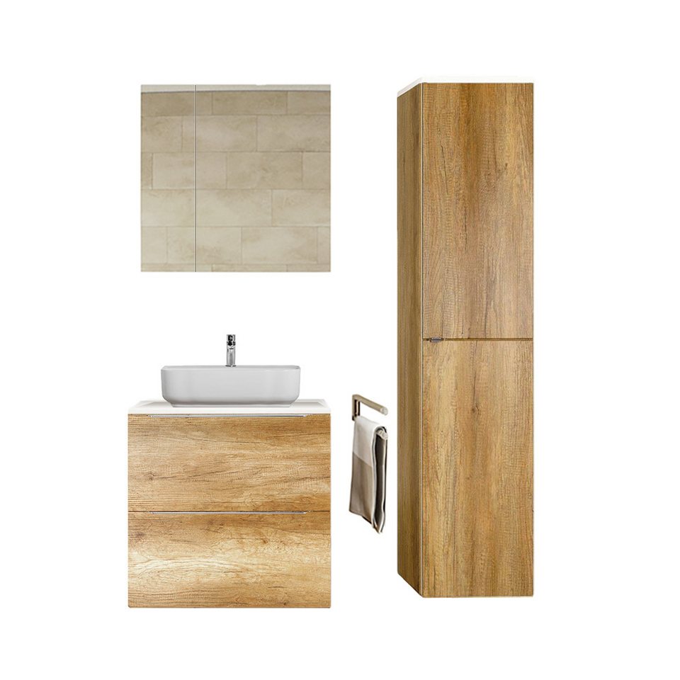 Lomadox Badmöbel Set Amarillo 147 Oak Spar Set 3 St Spiegelschrank