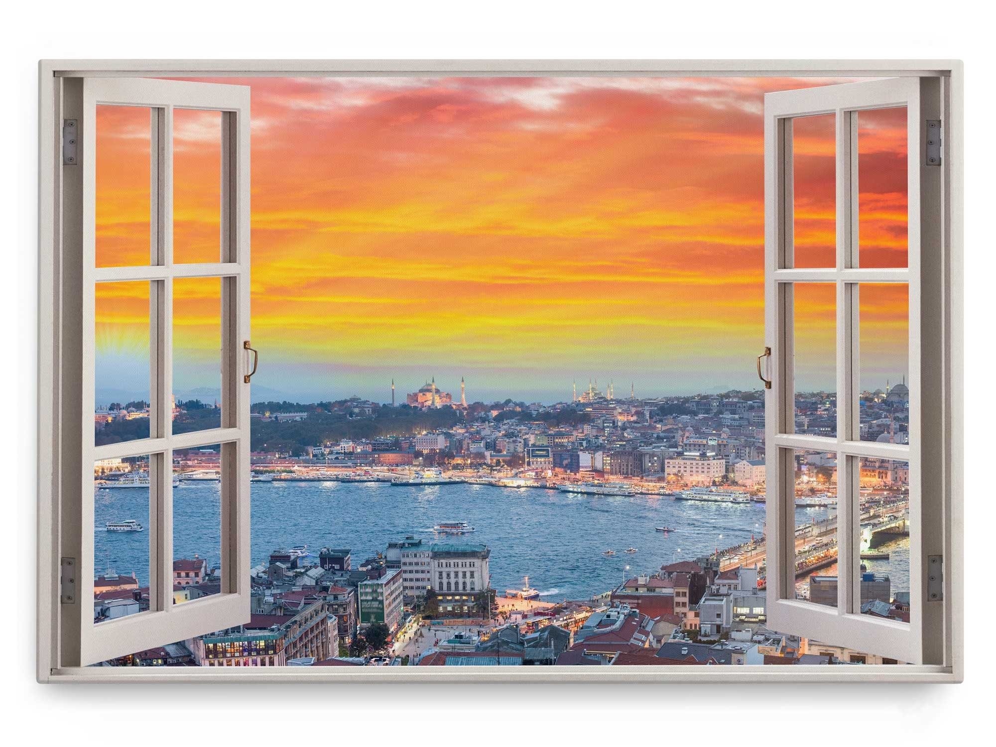 Sinus Art Leinwandbild Wandbild 120x80cm Fensterbild Roter Himmel Istanbul Bucht Meer Sonnenu ...