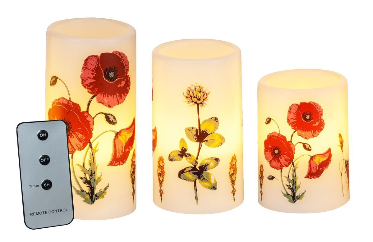 HI LED-Kerze 3er Set Kerze Mohnblumen LED Echtwachskerze mit Fernbedienung + Timer (3-tlg), 10 ...