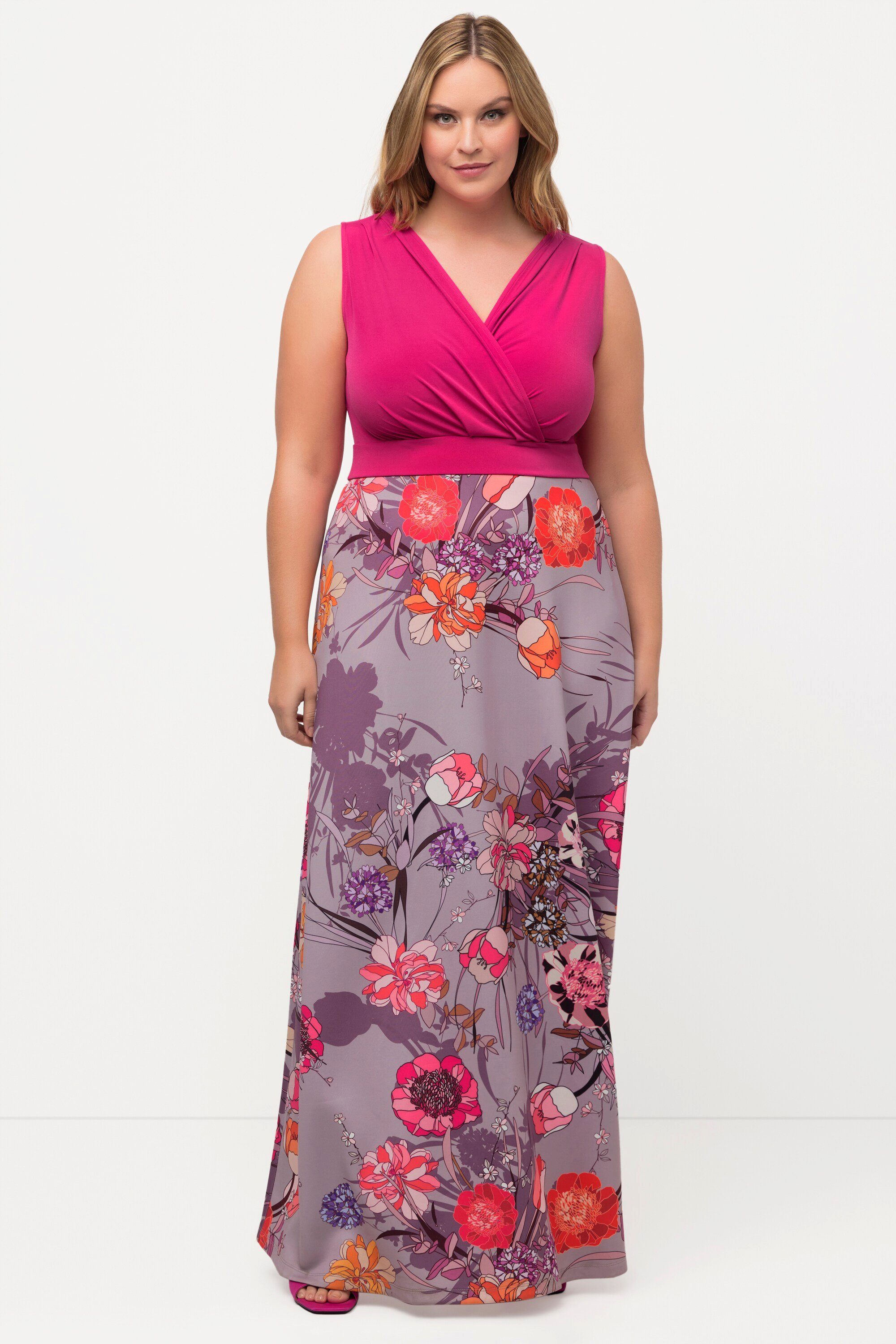 Ulla Popken Cocktailkleid Jersey Maxikleid Blüten V Ausschnitt ärmellos