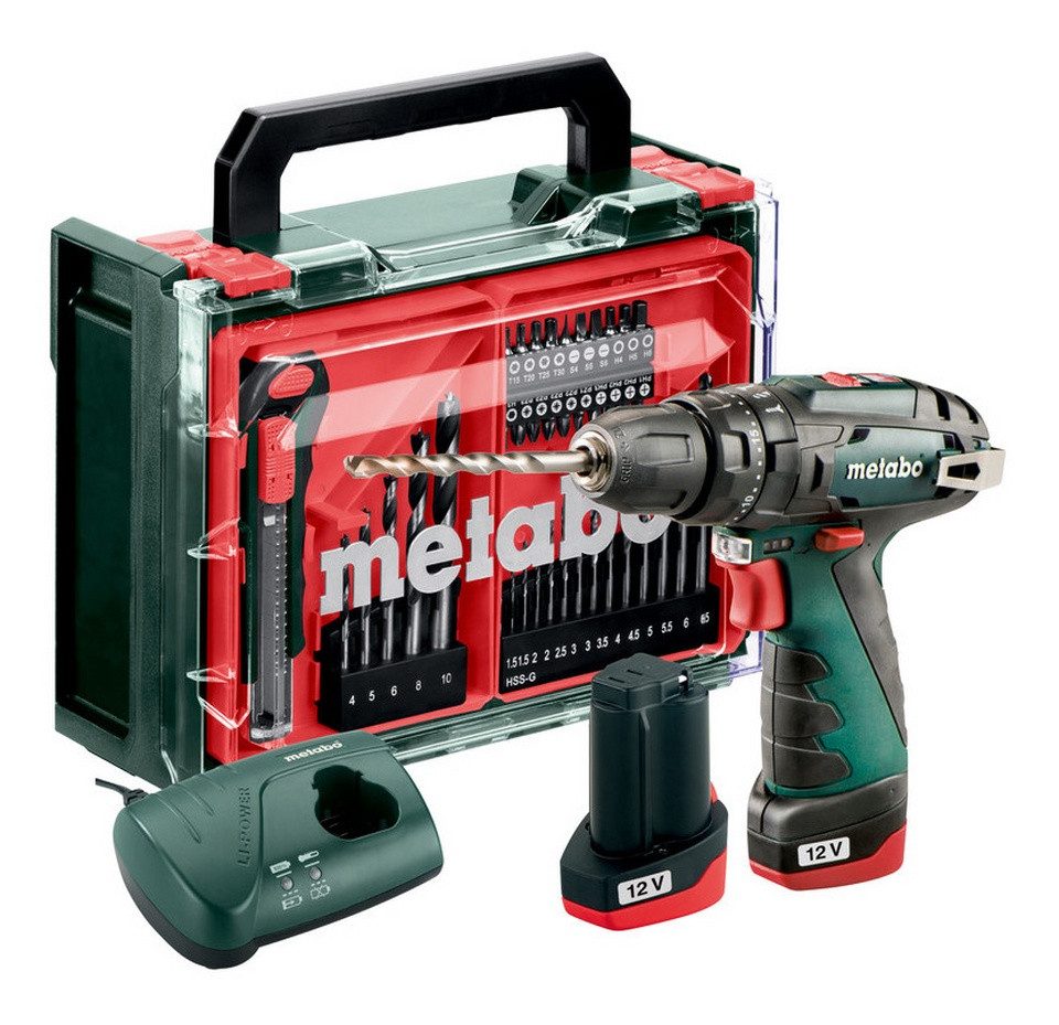 metabo Akku-Schlagbohrschrauber PowerMaxx SB Basic, 12 V, Set Mobile Werkstatt 2 x 2 Ah Li-Ion ...