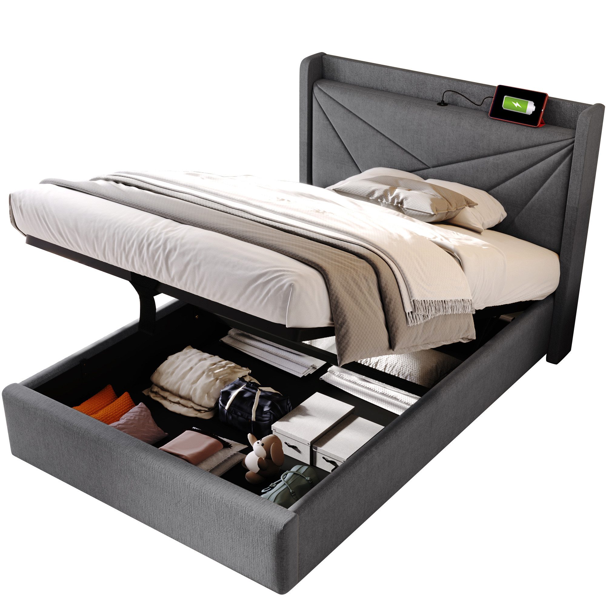 TavilaEcon Boxspringbett Einzelbett mit Stauraum und USB Typ C Ladefunktion