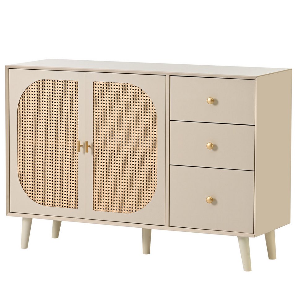 Ynofit Sideboard Moderne Kommode Rattan Elemente Türen Holzfüße 120