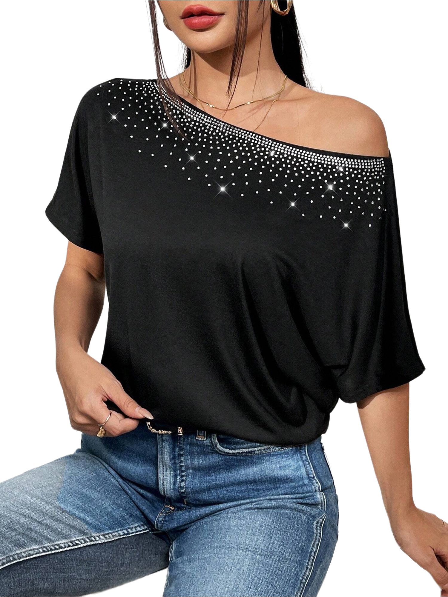 Dymade Kurzarmbluse Damen Sommer Kurzarmbluse Mit Heißer Bohrer 36 42 Größe
