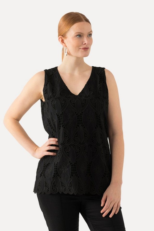 Ulla Popken Spitzenbluse Top Lochspitze A Linie V Ausschnitt ärmellos