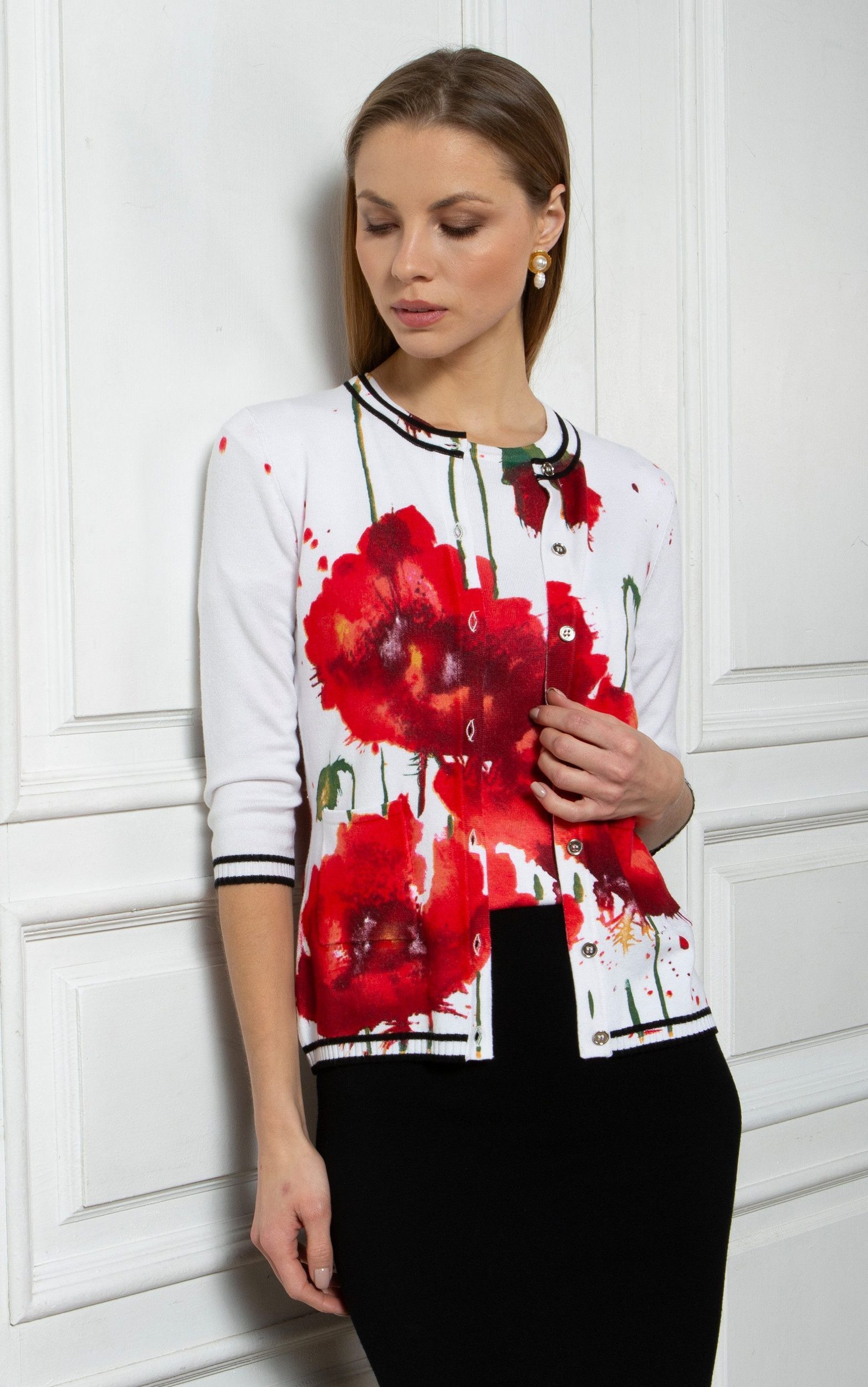 Passioni 2-in-1-Strickjacke Twinset mit Mohn-Blumenprint