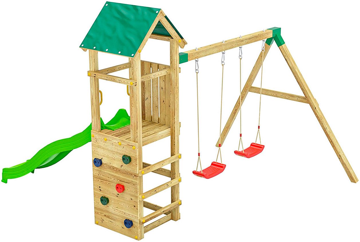 FUNGOO Spielturm Charly, mit Rutsche, Schaukel, Kletterwand und wetterfestem Dach, Made in ...