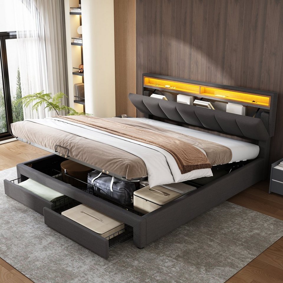 Okwish Polsterbett Doppelbett Stauraumbett Mit Led Beleuchtung