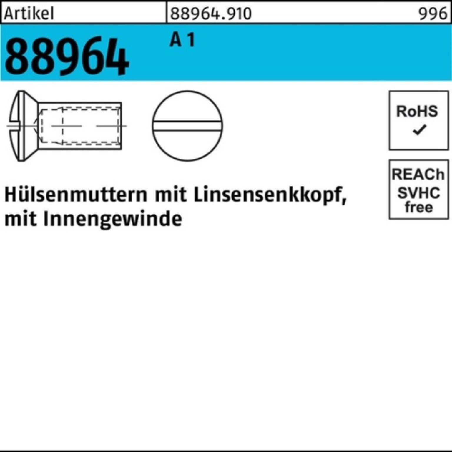 Reyher Hülsenmutter 100er Pack 889649100040014 Hülsenmutter R 88964 Liko IG M 4 x 14 A 1