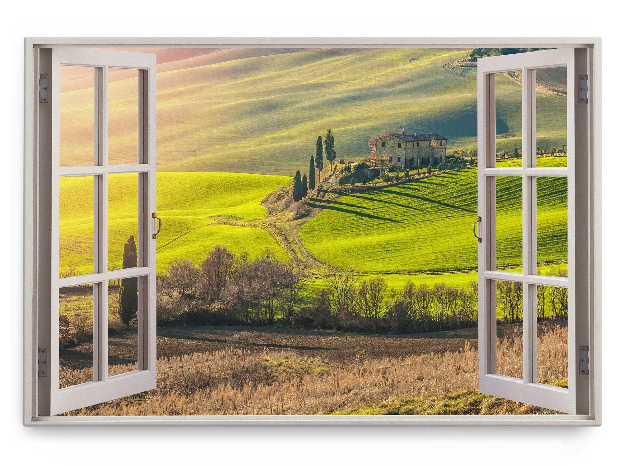 Sinus Art Leinwandbild Wandbild 120x80cm Fensterbild Landschaft Grün Toskana Italien Hügel La ...