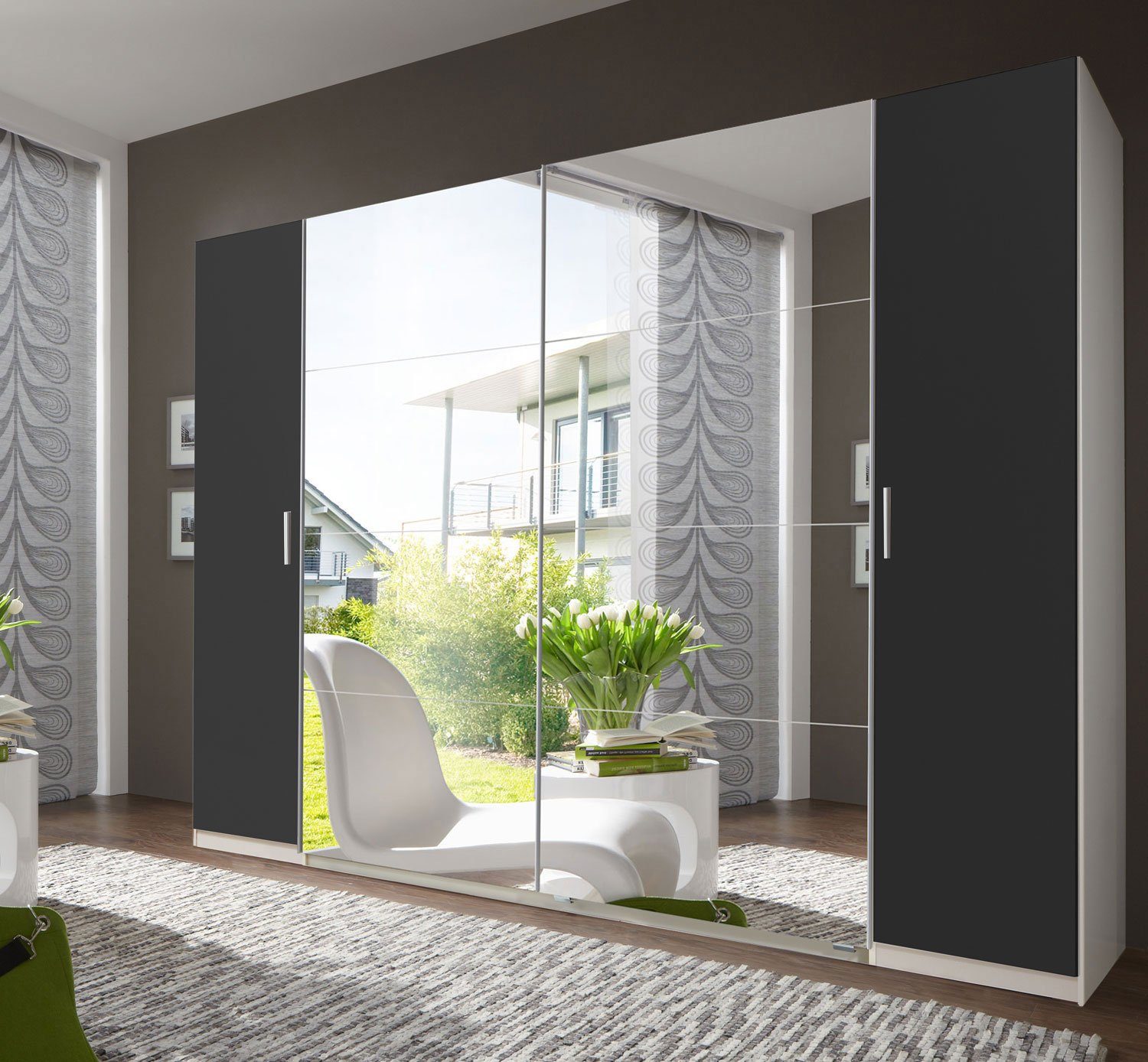 Wimex Dreh Schwebetürenschrank Lotto 315x65x210cm Weiß Graphit Spiegel