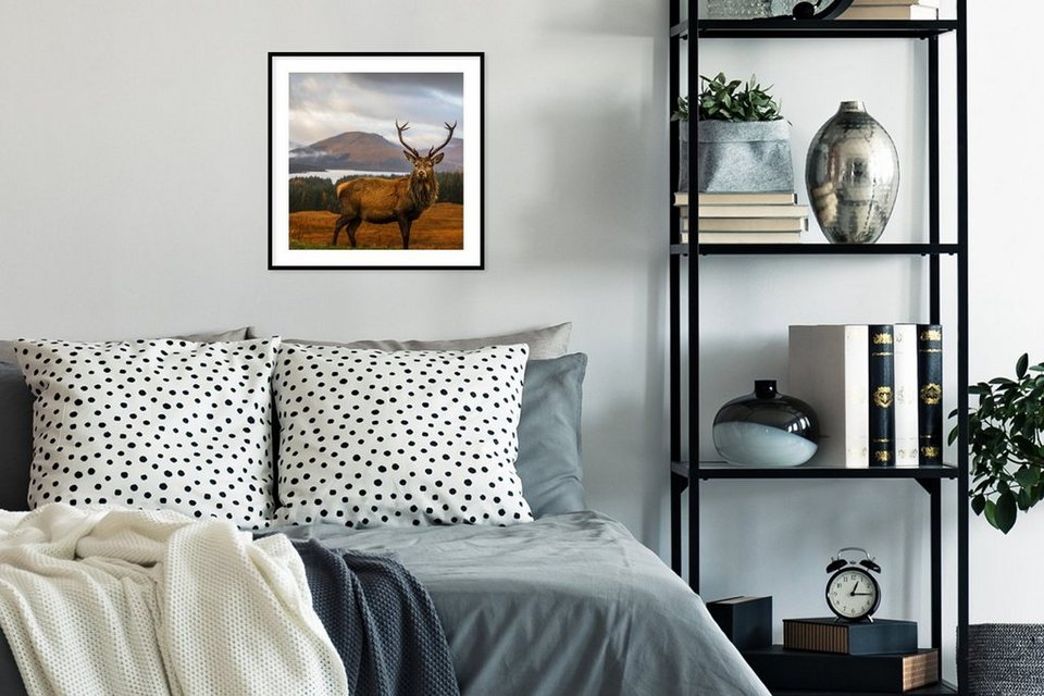 Muchowow Poster Hirsche Berge Wasser Landschaft Tiere Bäume