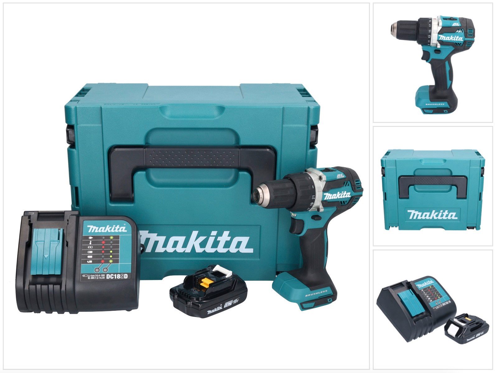 Makita Säulenbohrmaschine DDF 484 SY1J Akku Bohrschrauber 18 V 54 Nm + 1x Akku 1,5 Ah + Ladeger