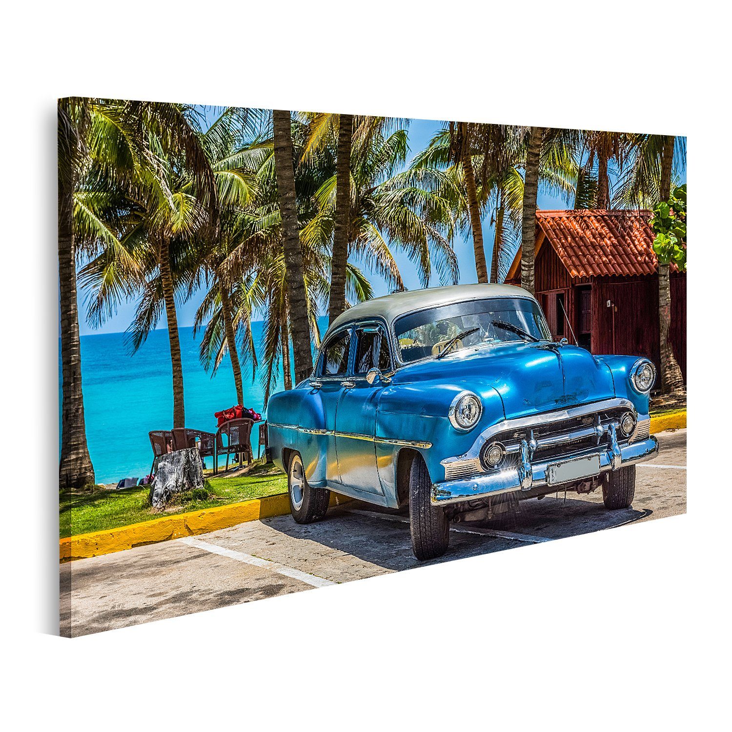 islandburner Leinwandbild Bild auf Leinwand Amerikanischer Blauer Chevrolet Oldtimer mit Silberd