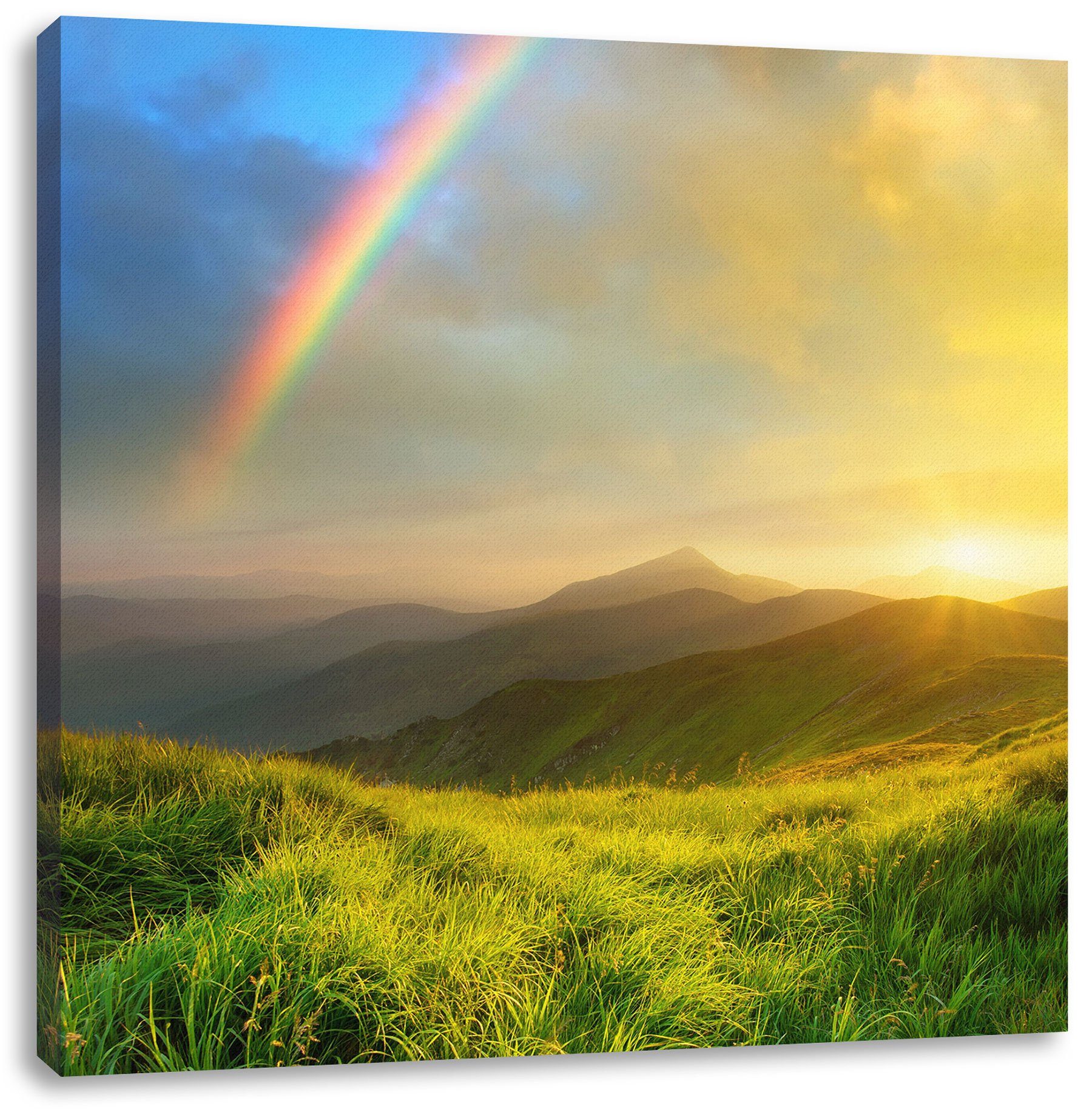 Pixxprint Leinwandbild Berge mit Regenbogen am Himmel, Berge mit Regenbogen am Himmel (1 St ...