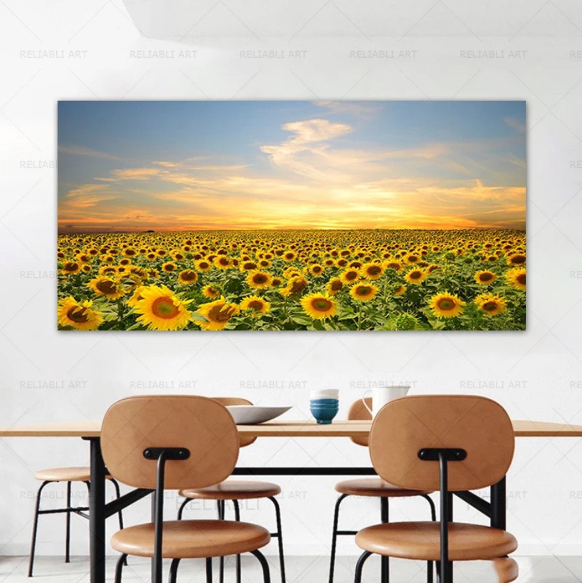 TPFLiving Kunstdruck (OHNE RAHMEN) Poster - Leinwand - Wandbild, Landschaft Sonnenblumenfelder ...