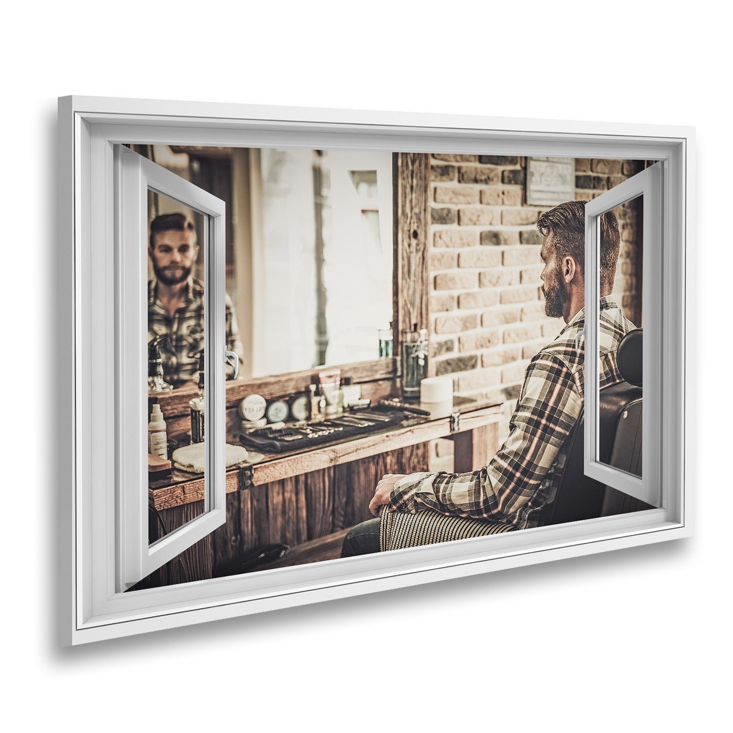 islandburner Leinwandbild Fensterblick Stilvoller Mann im Friseurladen Sagenhafter Effekt Wandbi