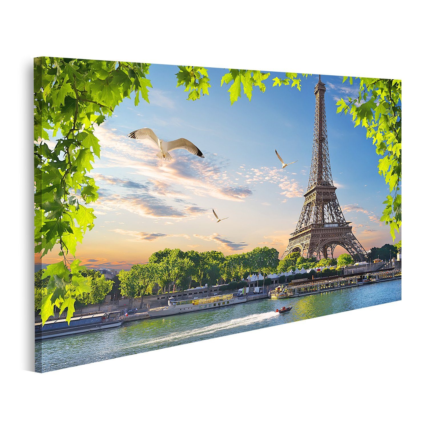 islandburner Leinwandbild Bild auf Leinwand Möwen über Seine Paris Eiffelturm Sonnenaufgang Zeit