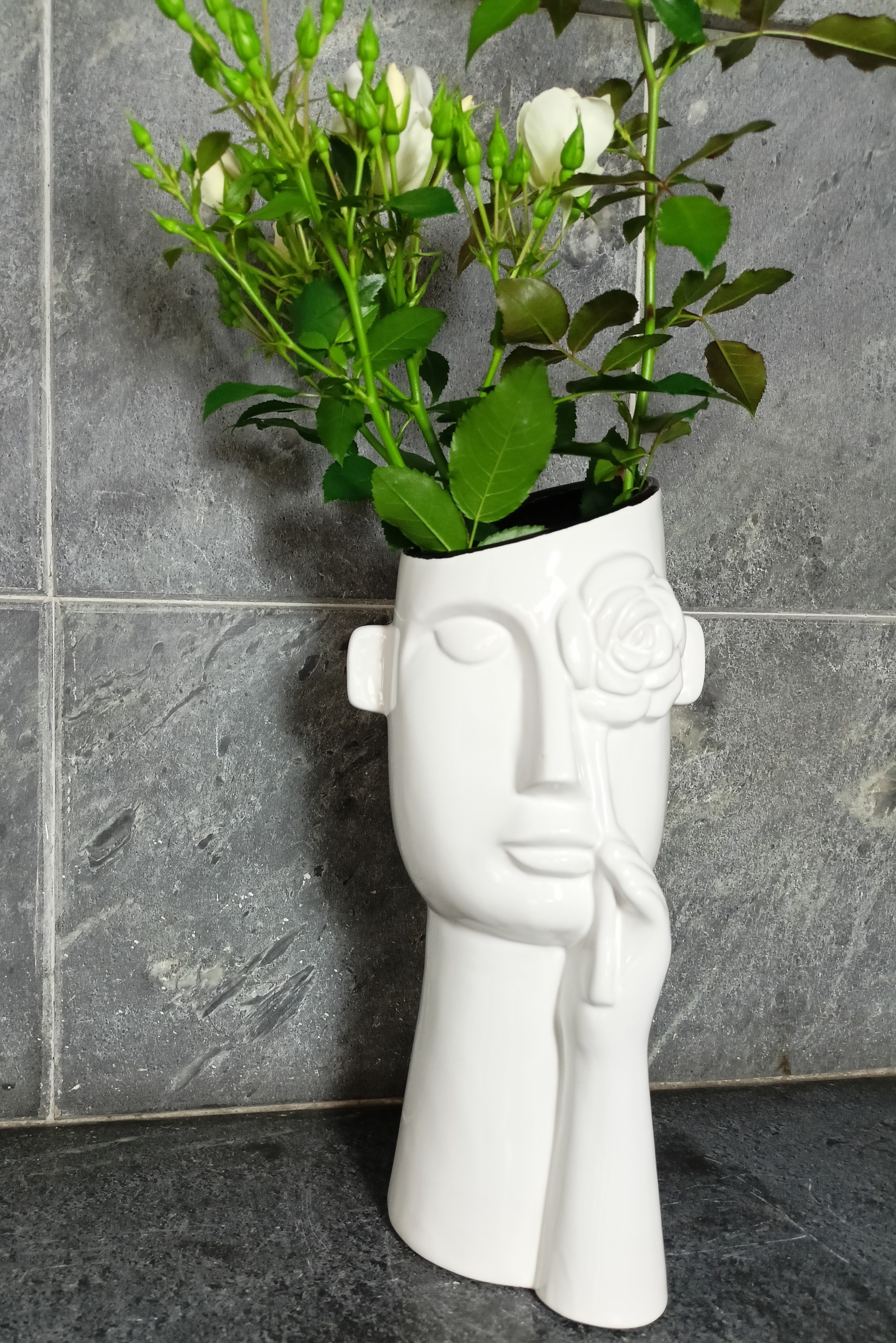 Glasart Dekovase Keramik Gesichtsvase Weiße Blumenvase Keramik Büste