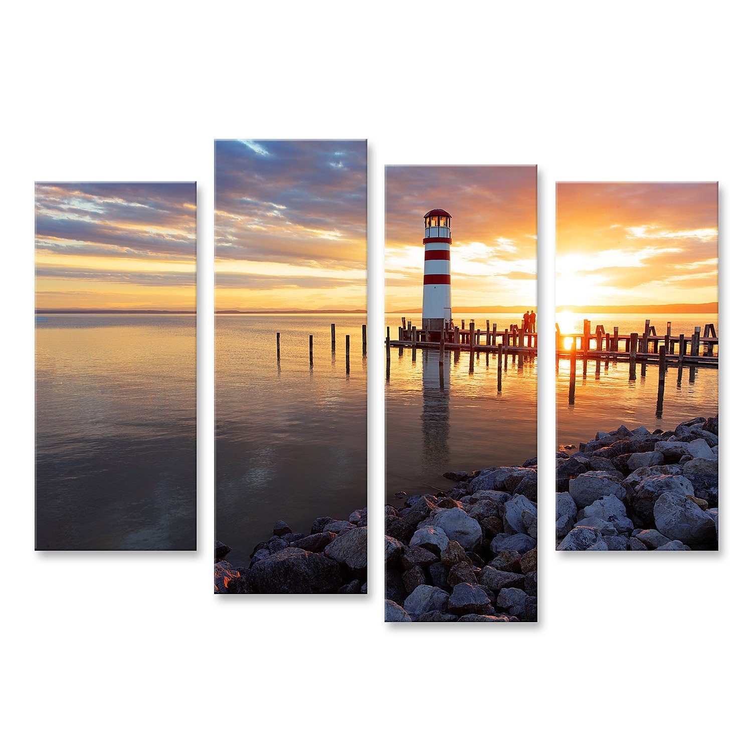 islandburner Leinwandbild »Bild auf Leinwand Sonnenuntergang am Meer mit Leuchtturm Wandbild Post«