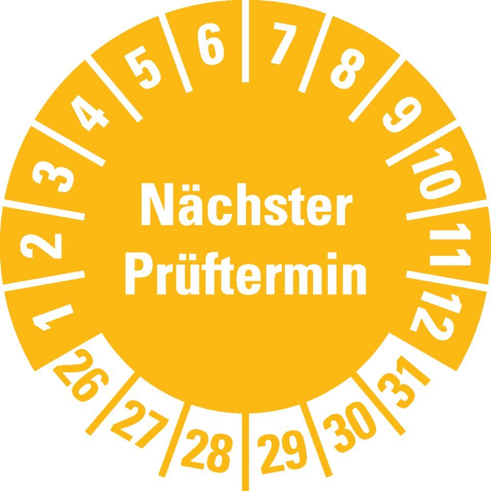 König Werbeanlagen Hinweisschild Prüfplak. Nä. Prüftermin 26-31,gelb,Schachbrettfolie,Ø 30mm,18/Bog